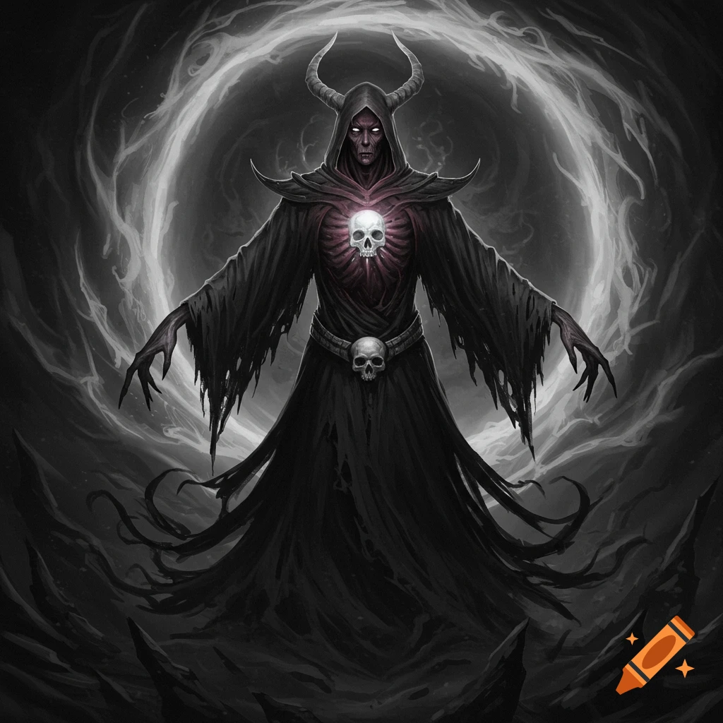 Dark fantasy art of a cloaked demon in a summoning circle on Craiyon
