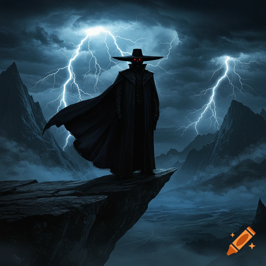 A hooded figure in a dark cloak, with glowing eyes, stands amidst a ...