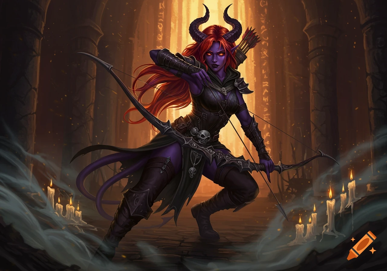 A female tiefling archer rogue with purple skin, red hair, horns, and a ...