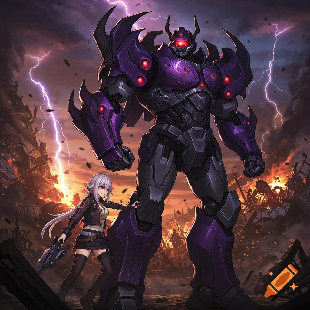 A large purple robot with glowing red eyes and antlers stands next to ...