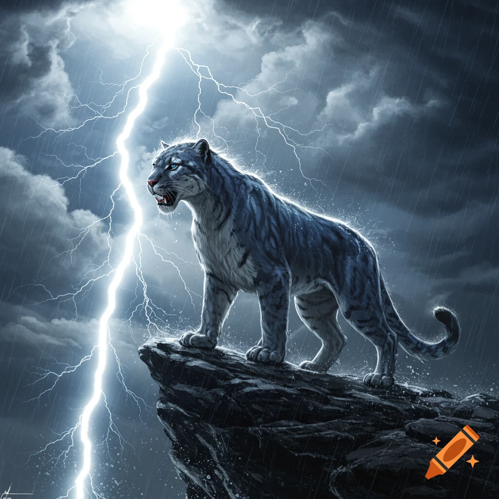 A powerful blue-striped big cat stands on a rocky cliff as a large ...