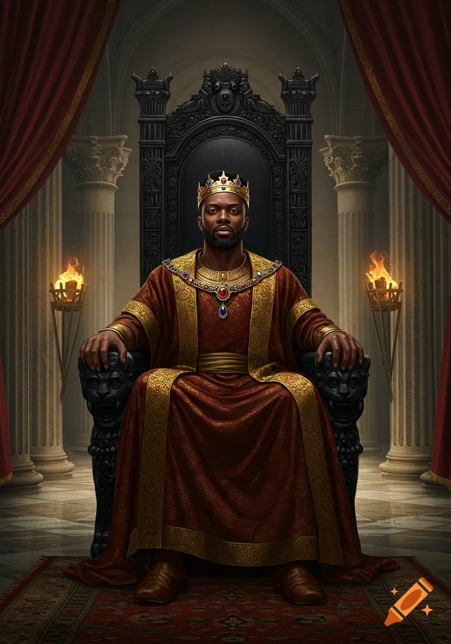 A photorealistic portrait of a Black king in royal red and gold robes ...