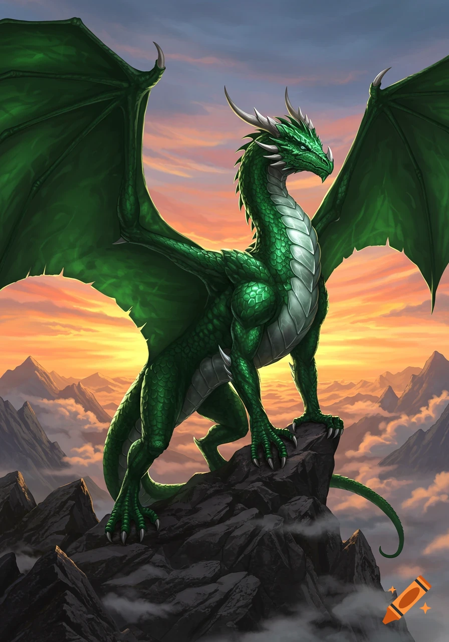 A muscular, anthropomorphic green dragon with large wings and a long ...