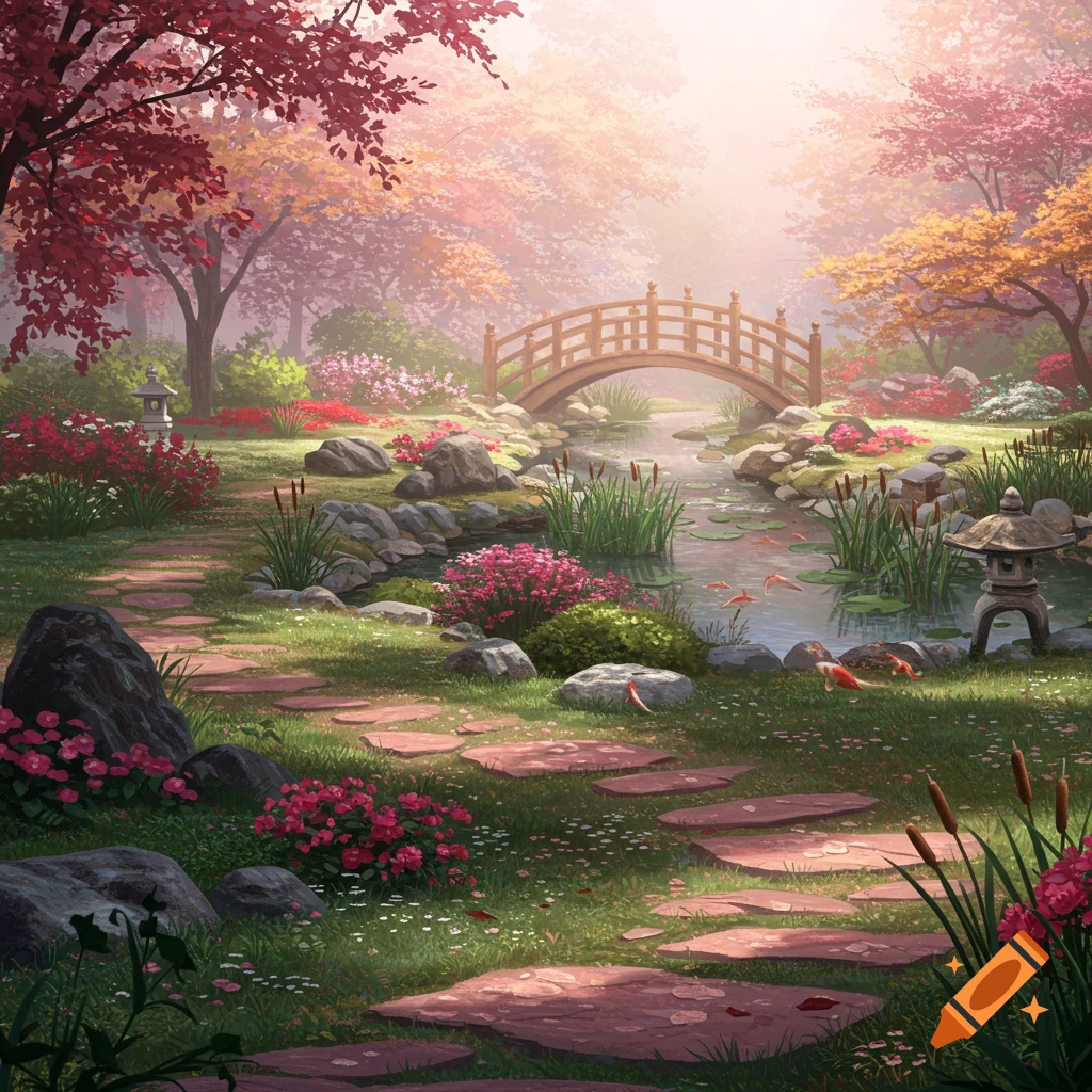 Vibrant fantasy landscape painting of a stone bridge over a pond with colorful trees, lily pads ...
