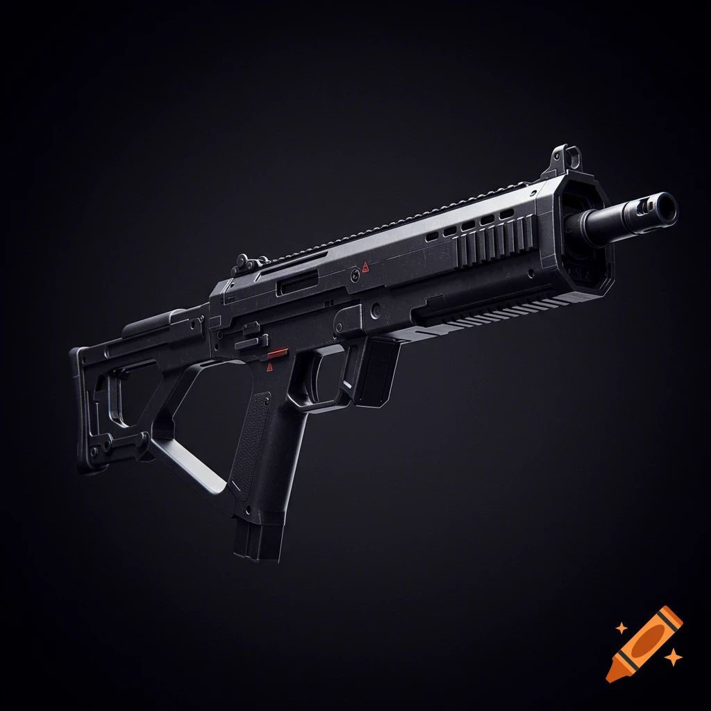 A jet black, futuristic submachine gun blaster with a stock and barrel attachment, set against a ...