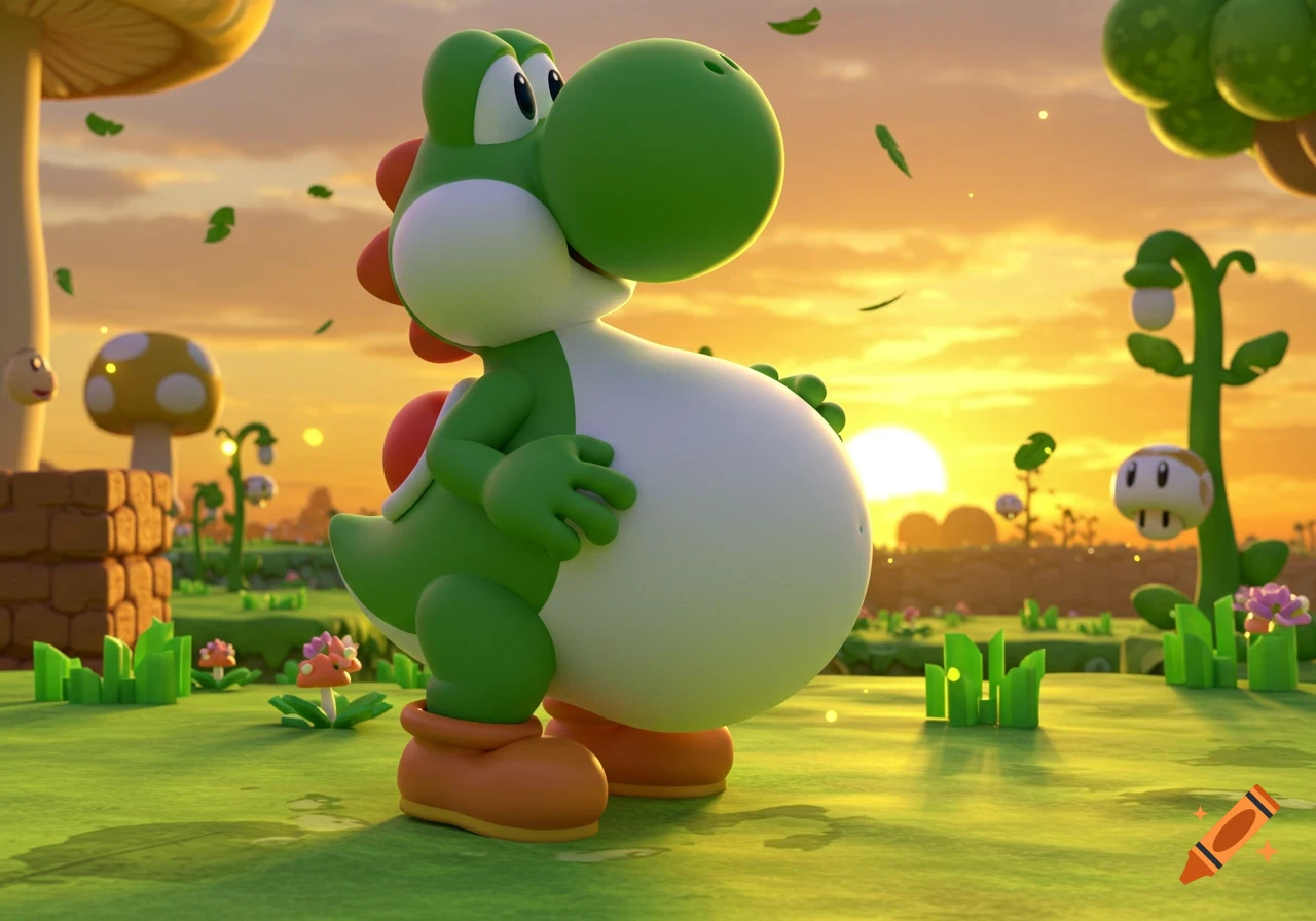 A 3D animated Yoshi with a large, distended belly stands in a vibrant ...