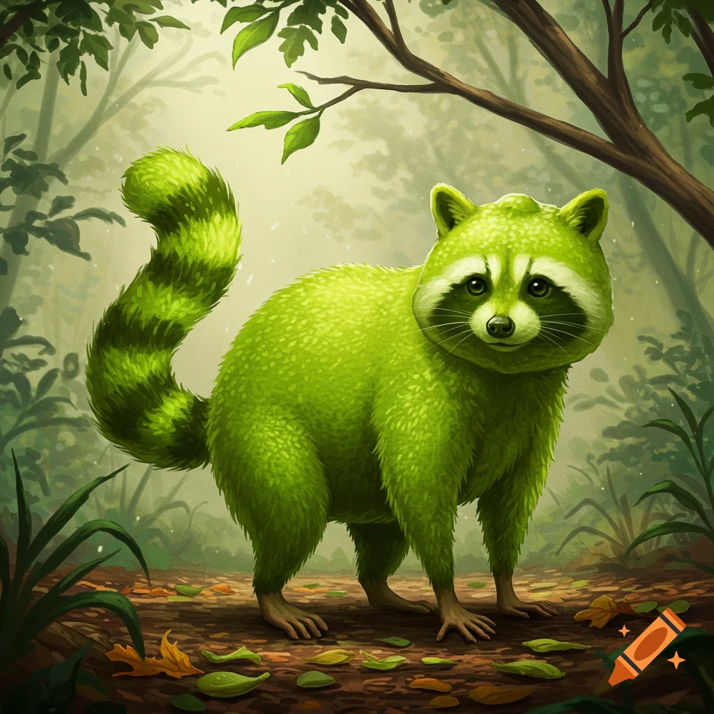 A vibrant green raccoon with human-like feet and a striped tail stands ...