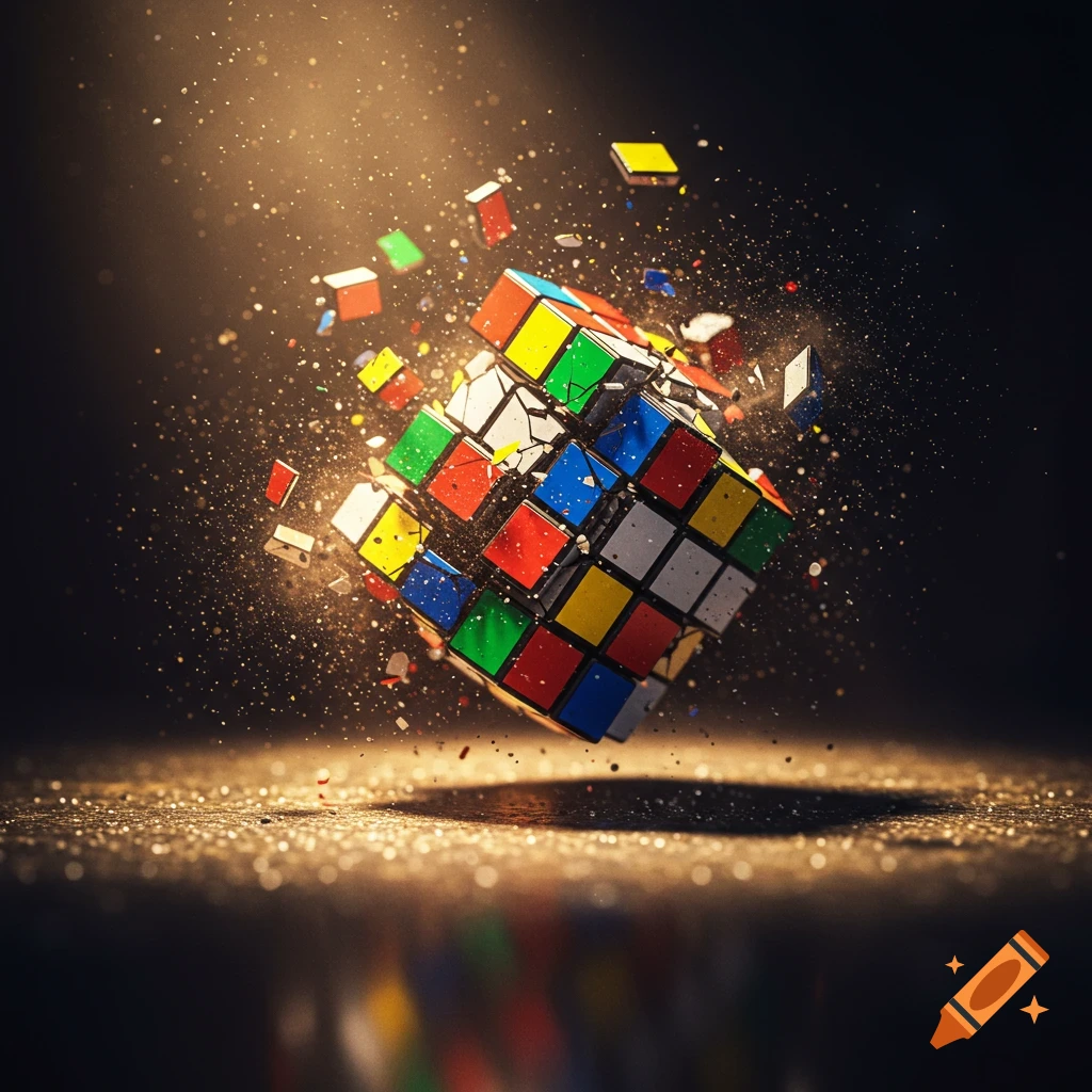 A colorful Rubik's Cube explodes into pieces, surrounded by shimmering ...