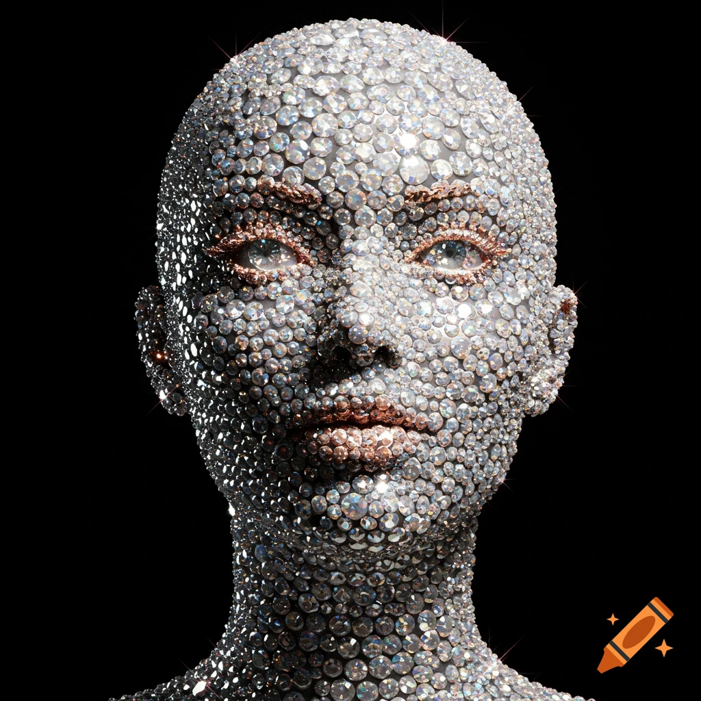 A close-up of a human head and shoulders covered in sparkling silver diamonds and copper-toned ...