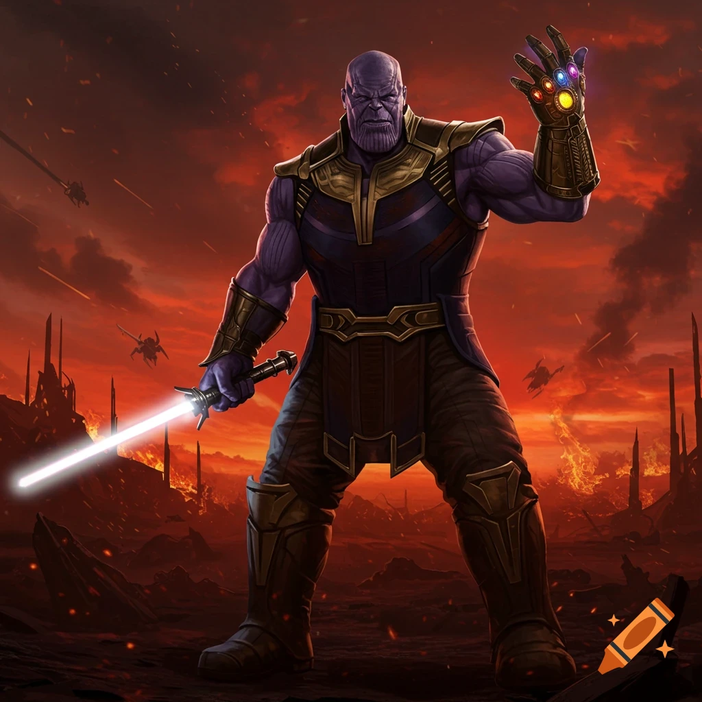 Thanos, a large purple alien in golden and blue armor with the Infinity ...