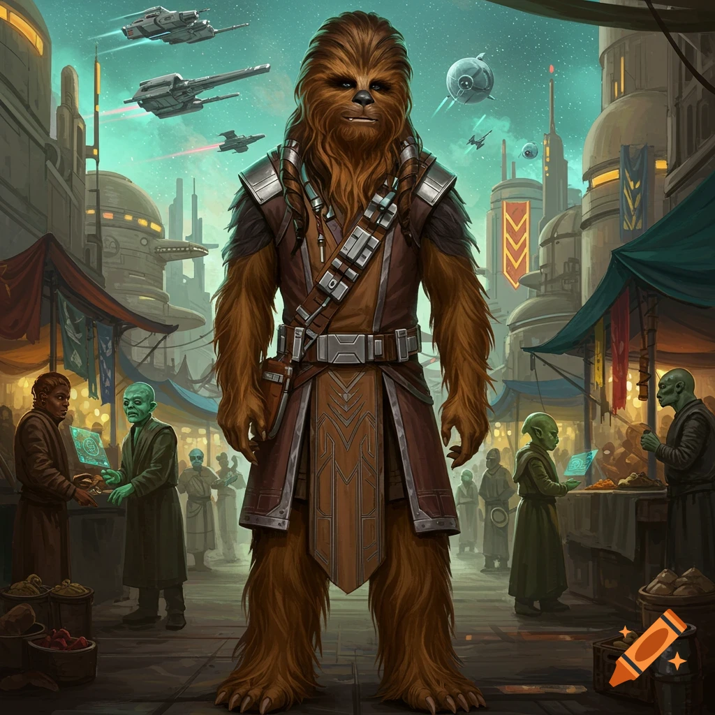 A large Wookiee stands prominently in a busy alien market with unique ...