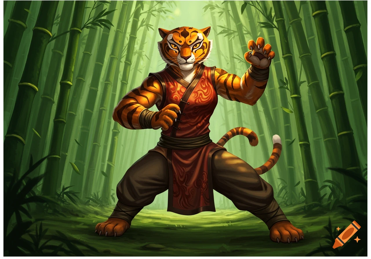 A stylized anthropomorphic tiger in a martial arts stance, standing in ...