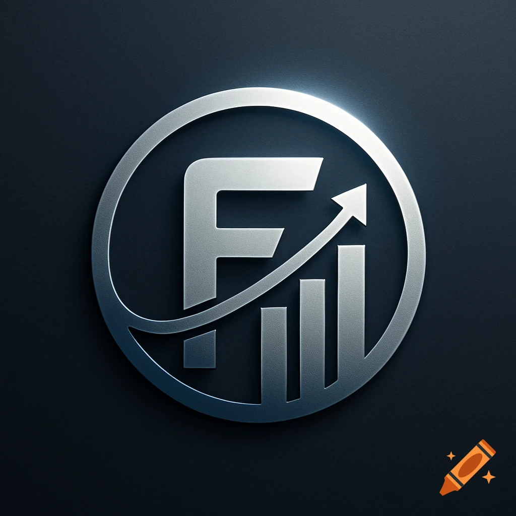 A metallic silver logo featuring a stylized 'F', a bar graph, and an ...