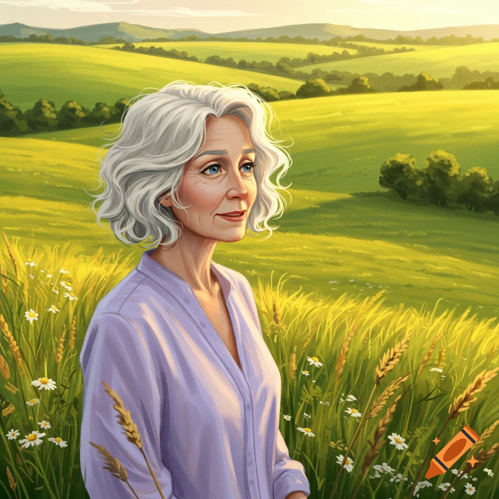 A silver-haired woman in a lavender shirt stands in a field of tall ...