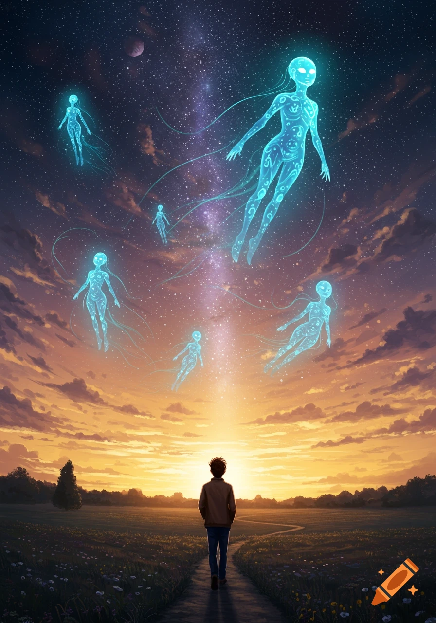 A person walks on a path through a field at sunset, gazing up at ...