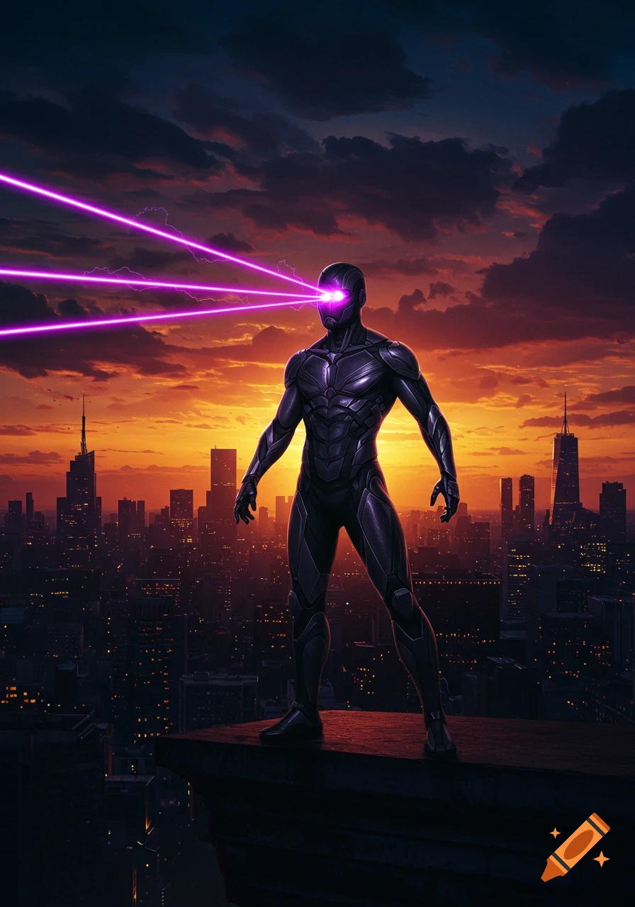 Superhero in a dark suit with purple laser vision stands on a city ...