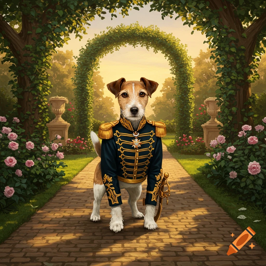 A Jack Russell dog in a detailed blue and gold military uniform stands ...