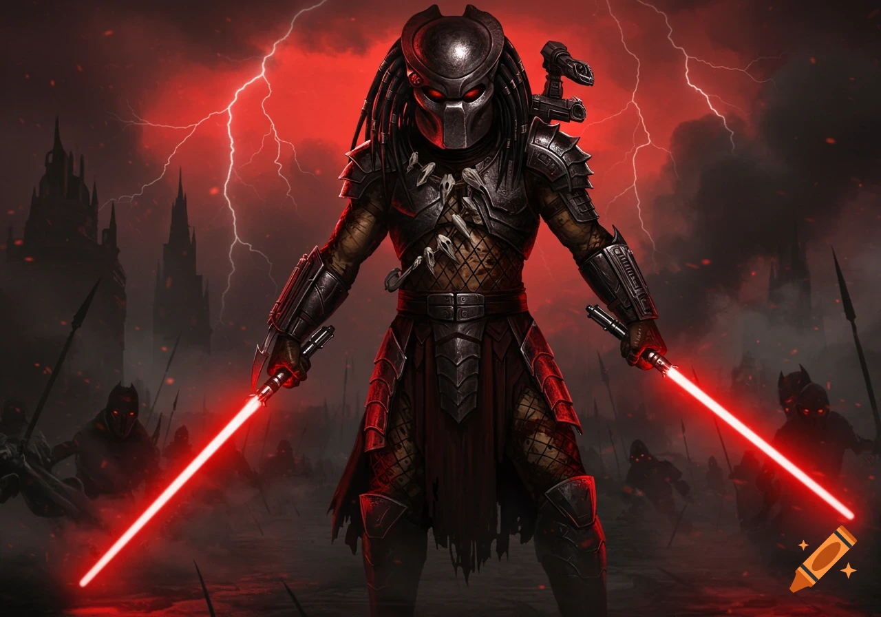 A Predator dressed as a Sith Lord, wielding two red lightsabers, stands ...