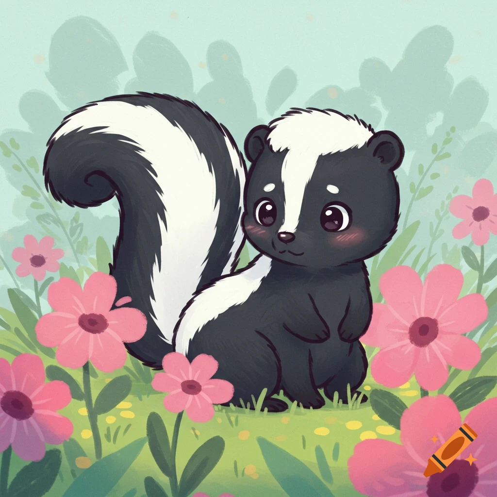 A cute, shy cartoon skunk with big eyes and rosy cheeks sits among pink ...