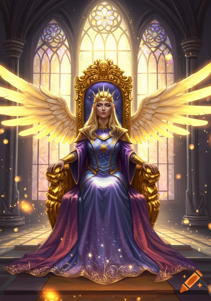 A majestic golden-winged queen with pointed ears sits on an ornate ...