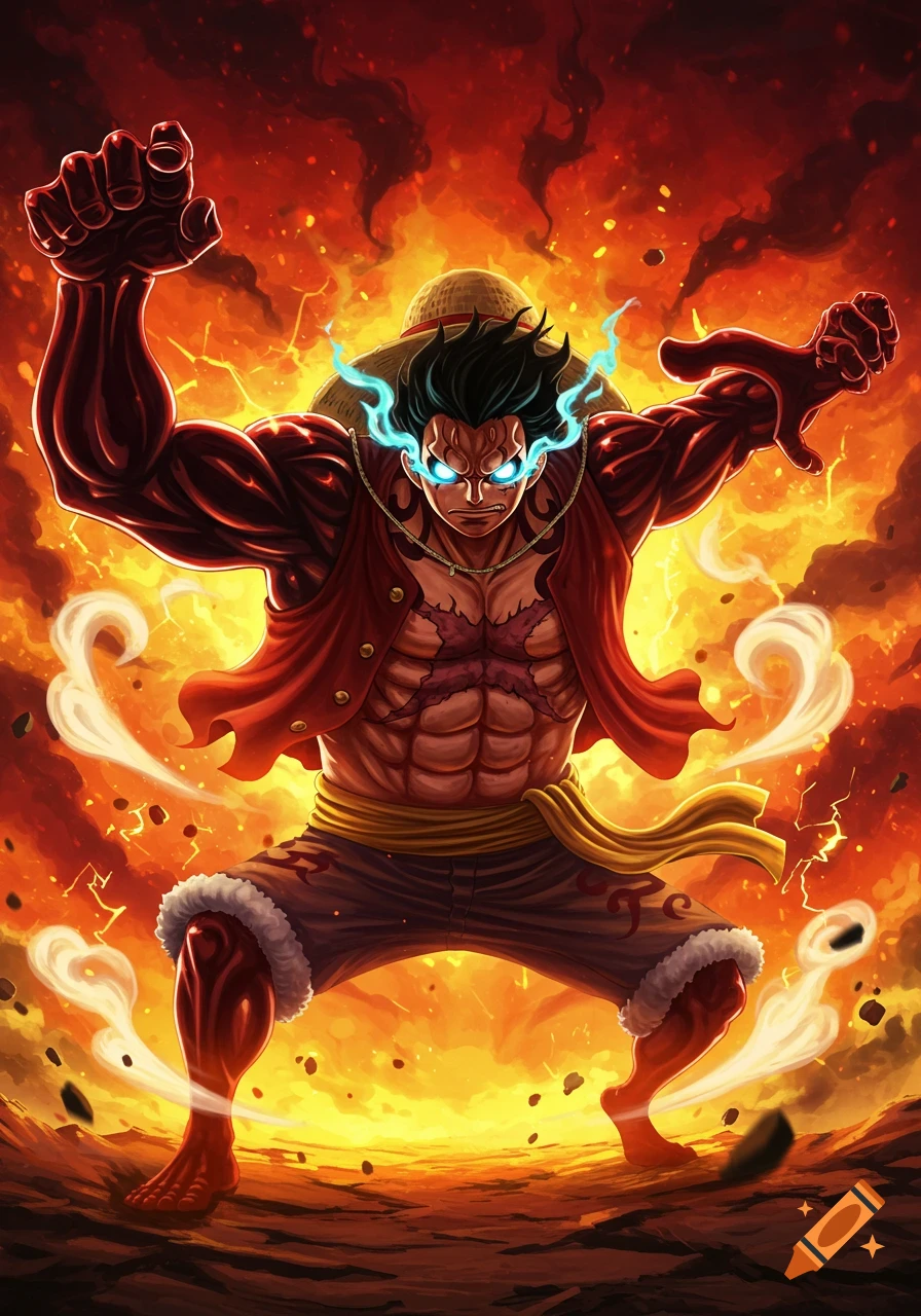 Luffy in Gear 5, glowing blue with lightning, surrounded by dark clouds ...