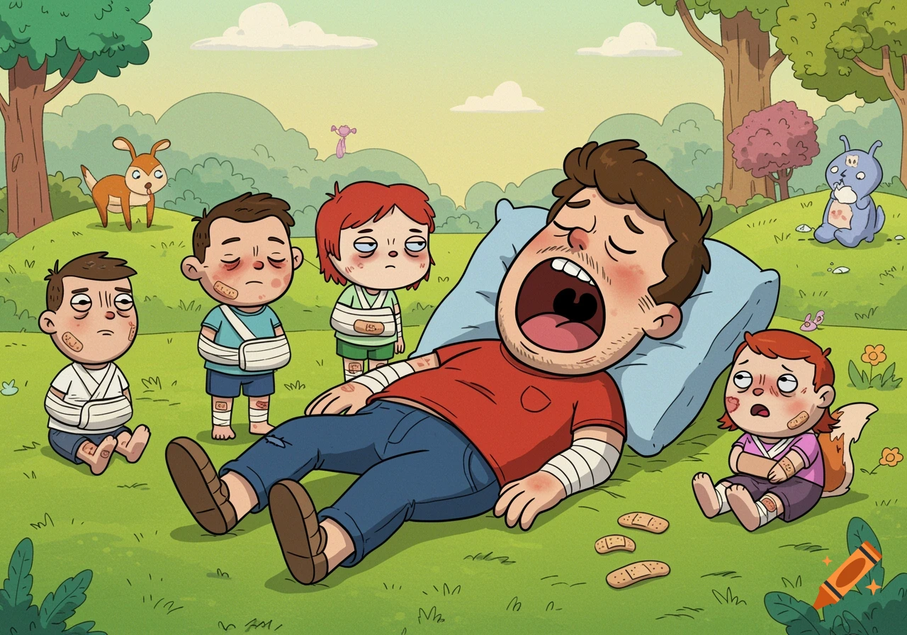 A cartoon drawing of an injured man sleeping on a pillow on the grass ...