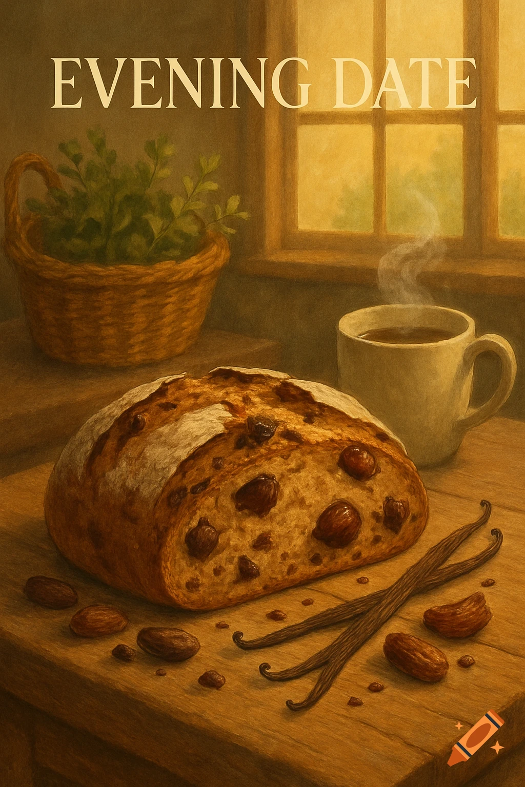A rustic date bread loaf with vanilla beans on a wooden table next to a ...