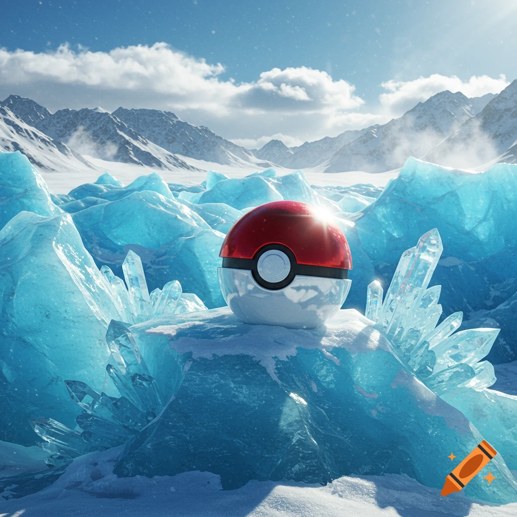 A photorealistic Pokeball sits on a snow-covered ice formation with ...