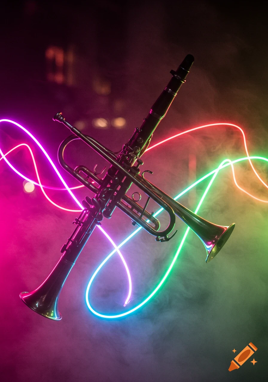 A clarinet and a trumpet intersecting against a smoky background with ...