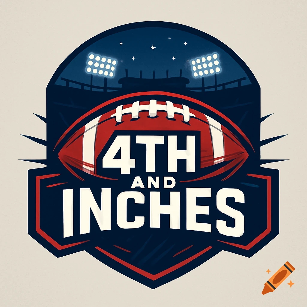 A sports logo featuring a red and white football with "4TH AND INCHES ...