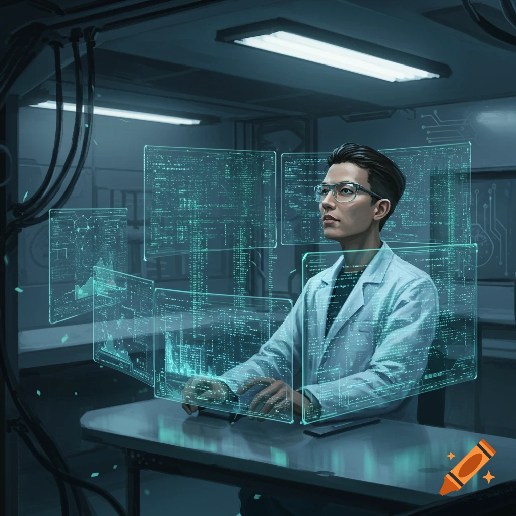 A female scientist in a lab coat and safety goggles works on a desk ...