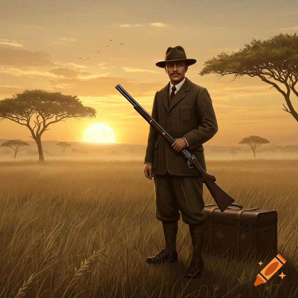 A 1920s big game hunter stands in a savanna at sunset, holding a rifle ...