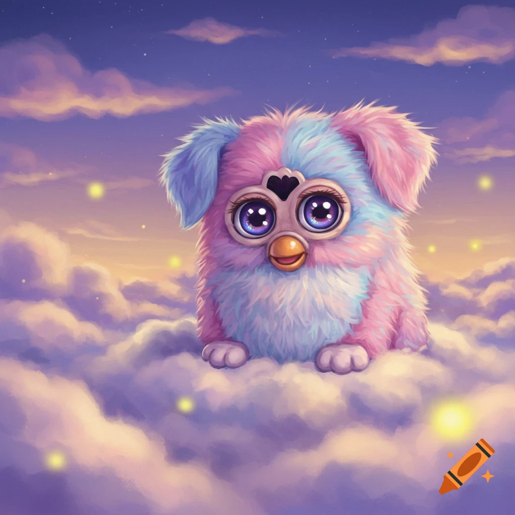 A fluffy, grey and white Furby-like creature with large blue eyes sits ...