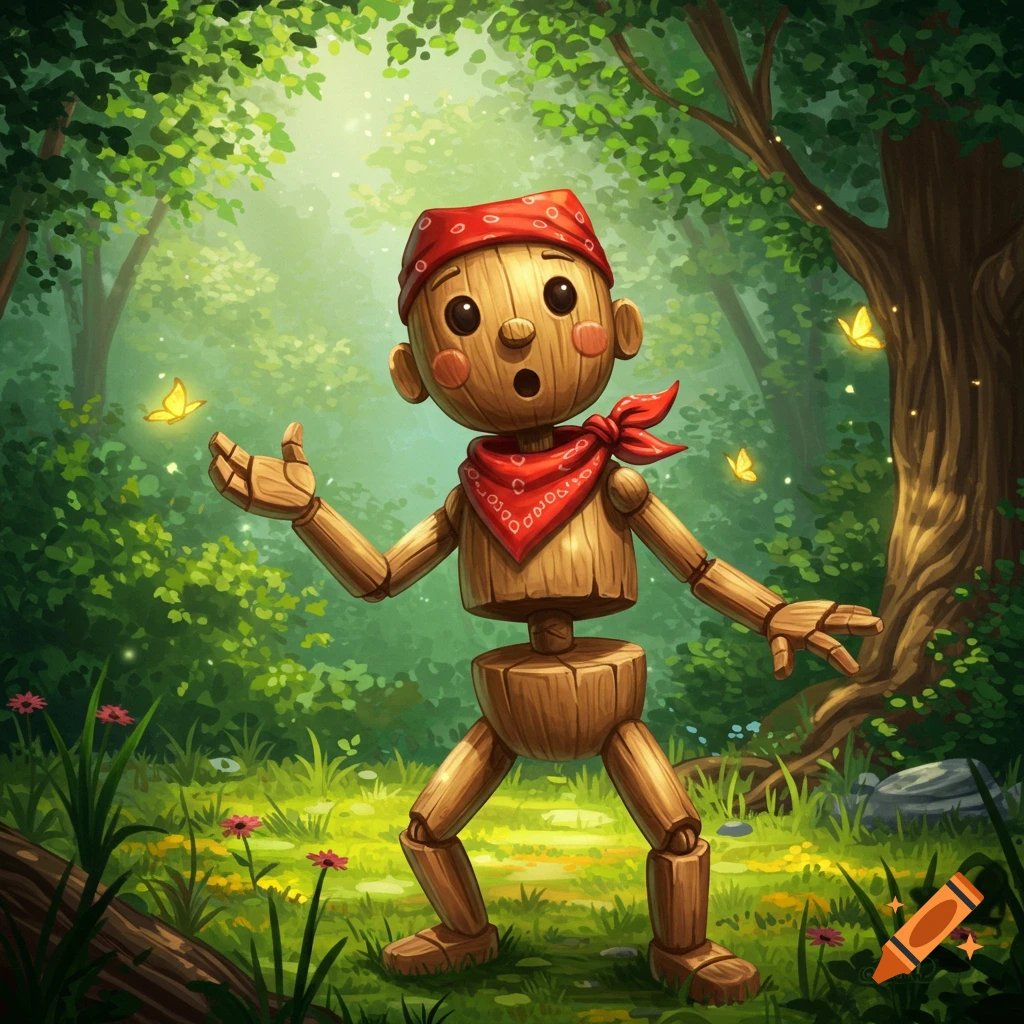 A cute wooden Pinocchio-like puppet wearing a red bandana stands in a ...