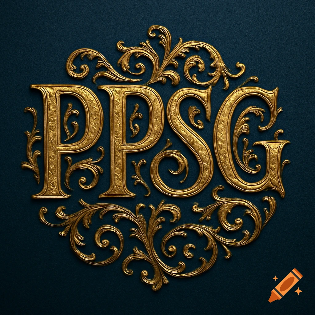 Ornate golden PPSG logo with intricate swirling floral designs on a ...