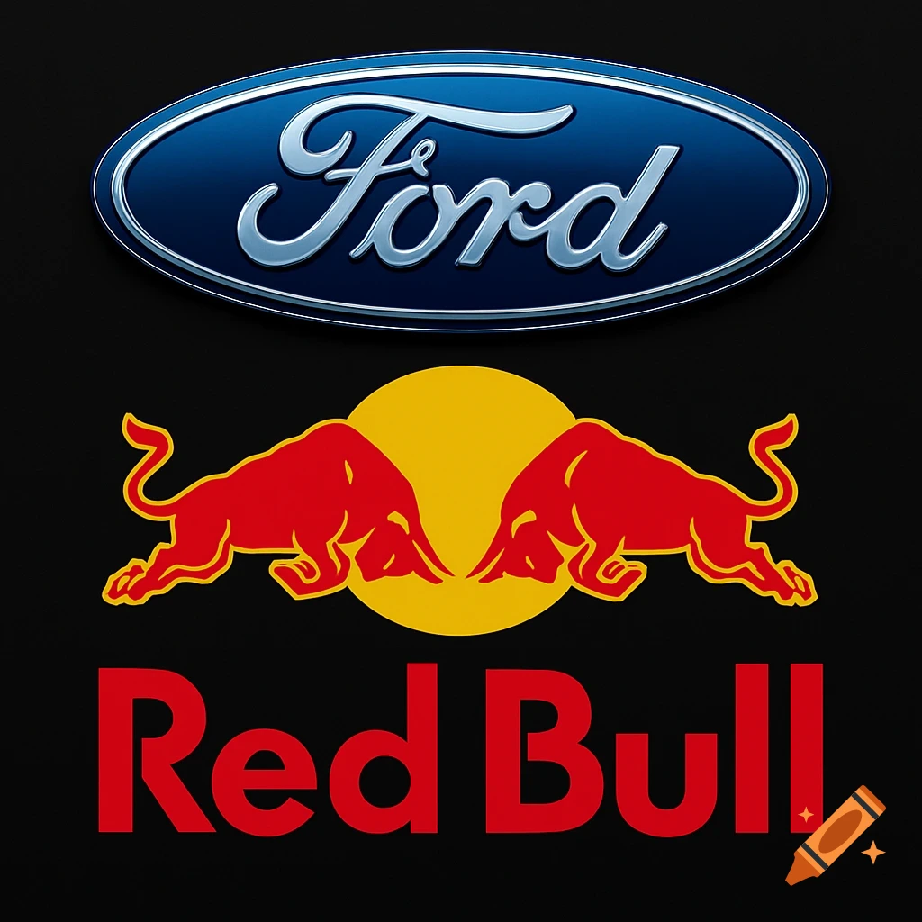 The blue metallic Ford logo above the Red Bull logo with two red bulls ...