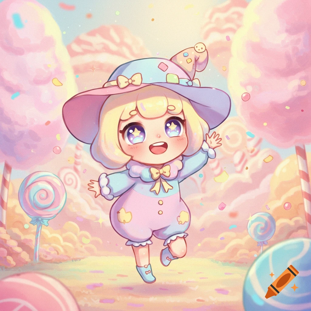 A vibrant chibi anime character with white hair and big starry eyes ...