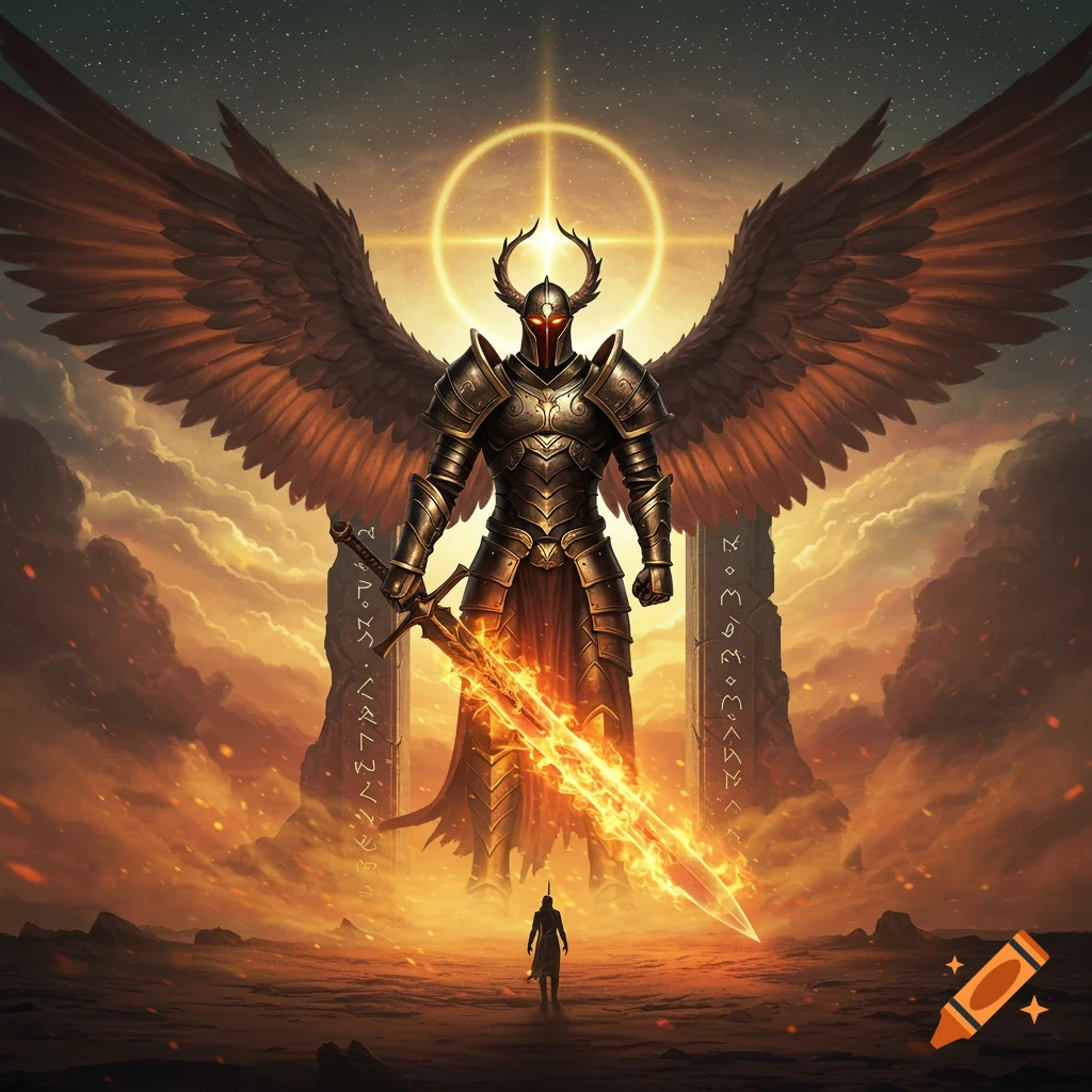 An armored phoenix warrior with huge fiery wings stands in a burning ...