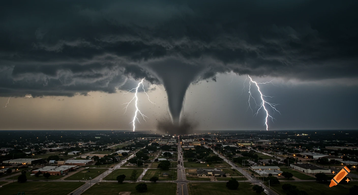 A massive tornado churns through a city at night, illuminated by multiple lightning strikes and ...