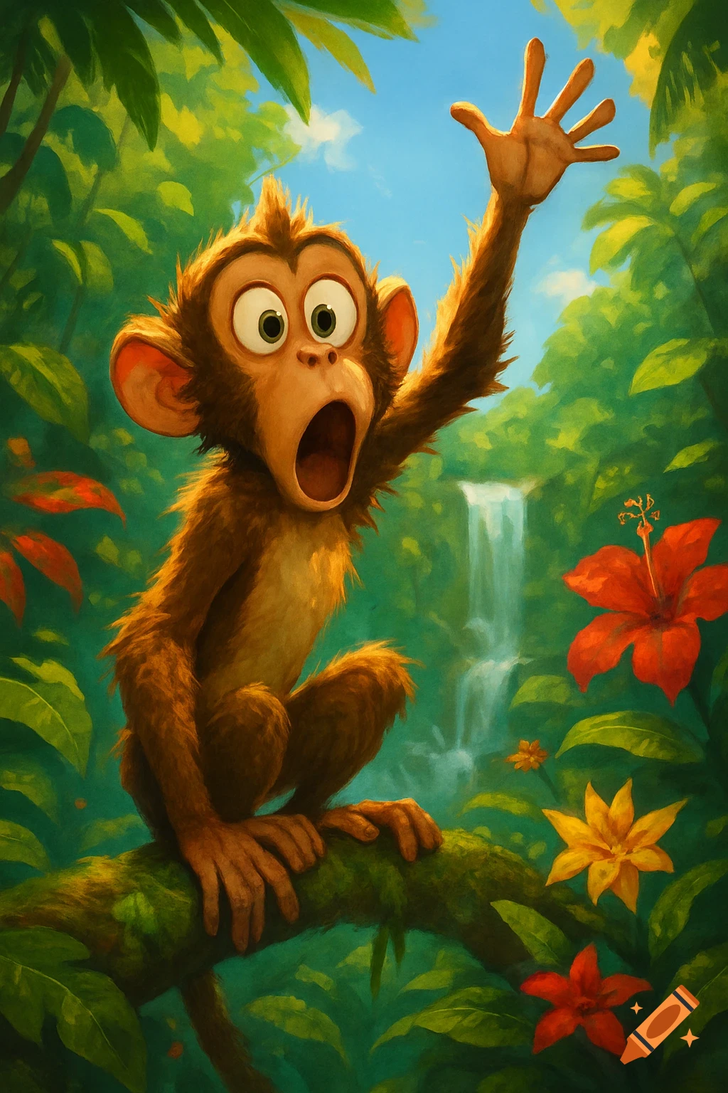 Cartoon-style gray donkey-like creature with a stubborn frown, standing on a path in a landscape ...