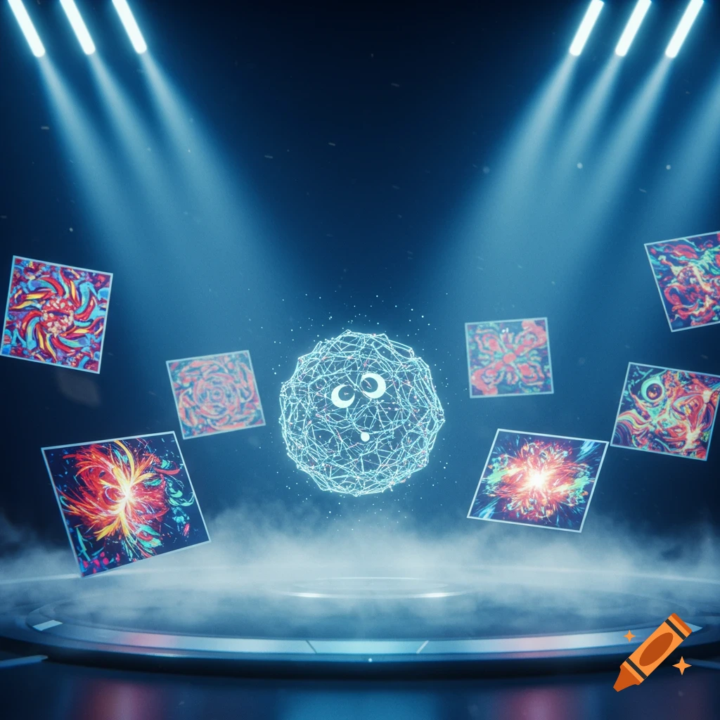 A glowing wireframe sphere with eyes hovers on a smoky stage ...