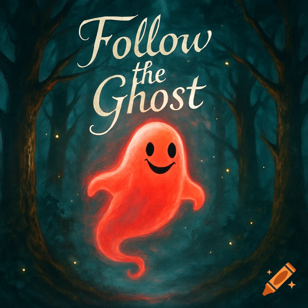 A smiling red ghost with black eyes floats in a dark, mystical forest ...