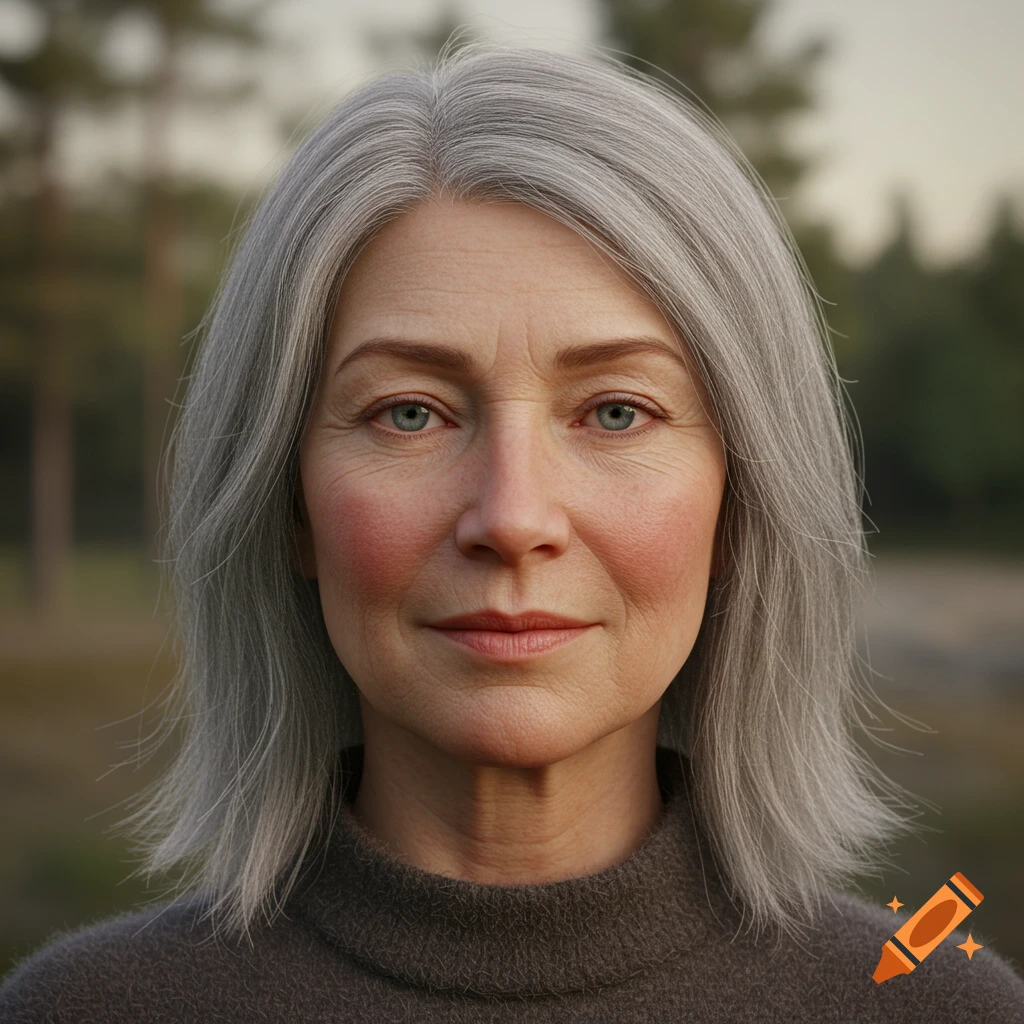 Photorealistic close-up portrait of a smiling mature woman with gray ...