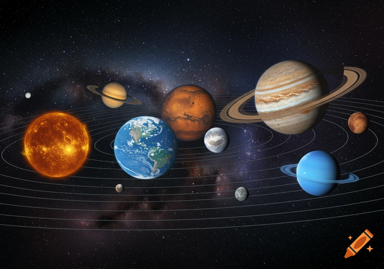 Photorealistic depiction of a solar system with a bright sun surrounded ...