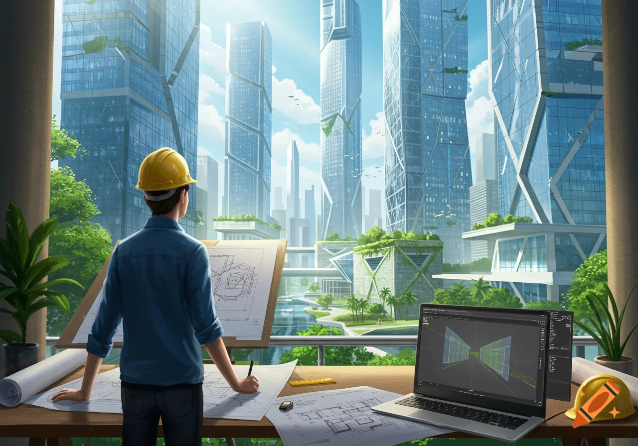 A block-art style cityscape at sunset, with blocky characters ...