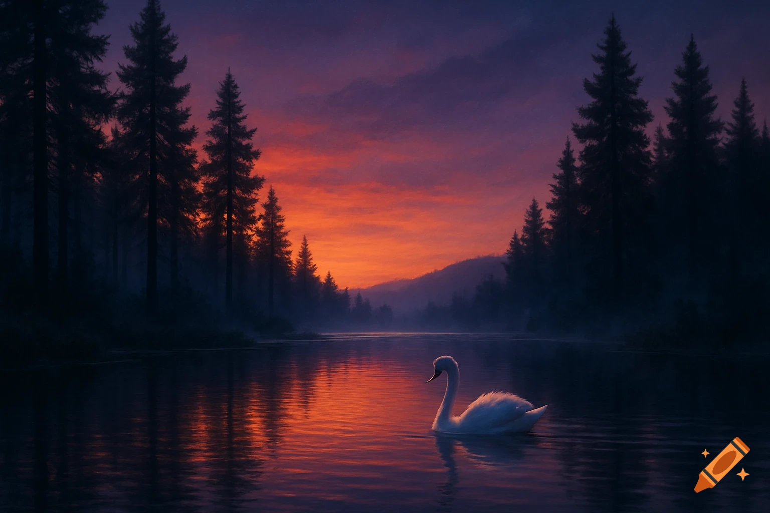 A human hand points at a black swan among white swans in a misty ...