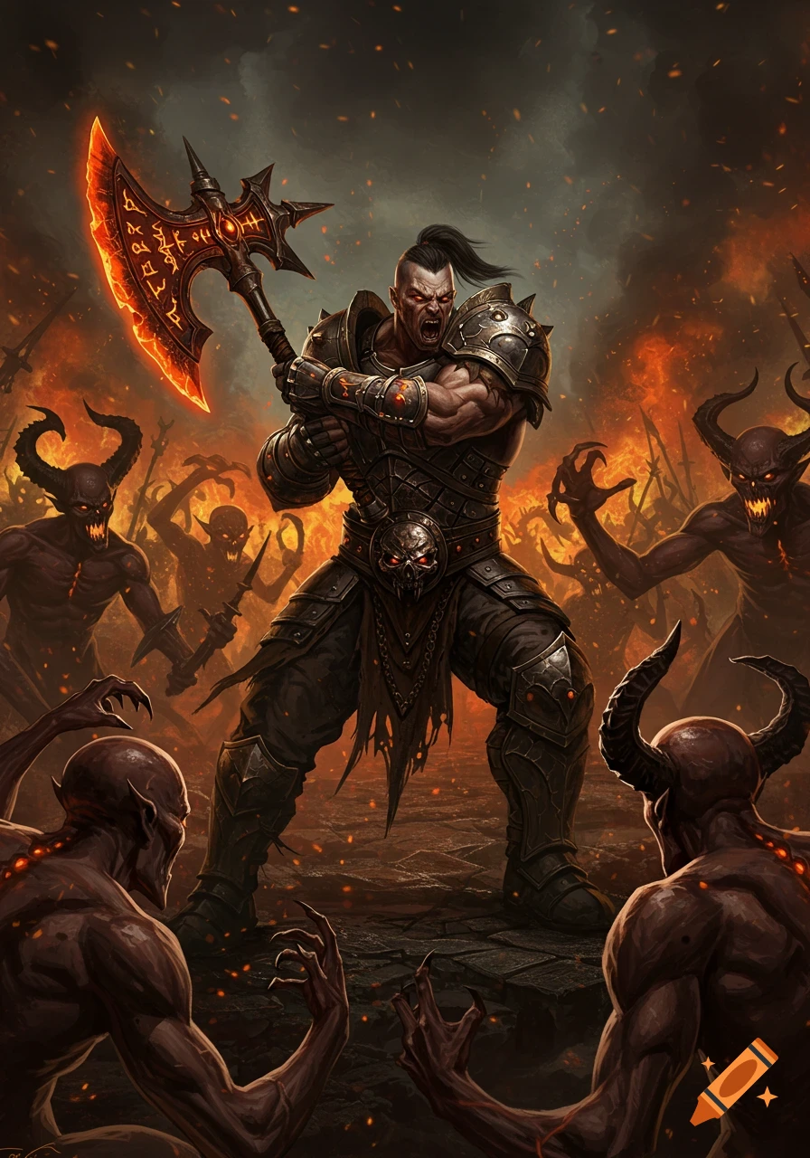 A barbarian with a glowing axe fights demons in a fiery hellscape ...