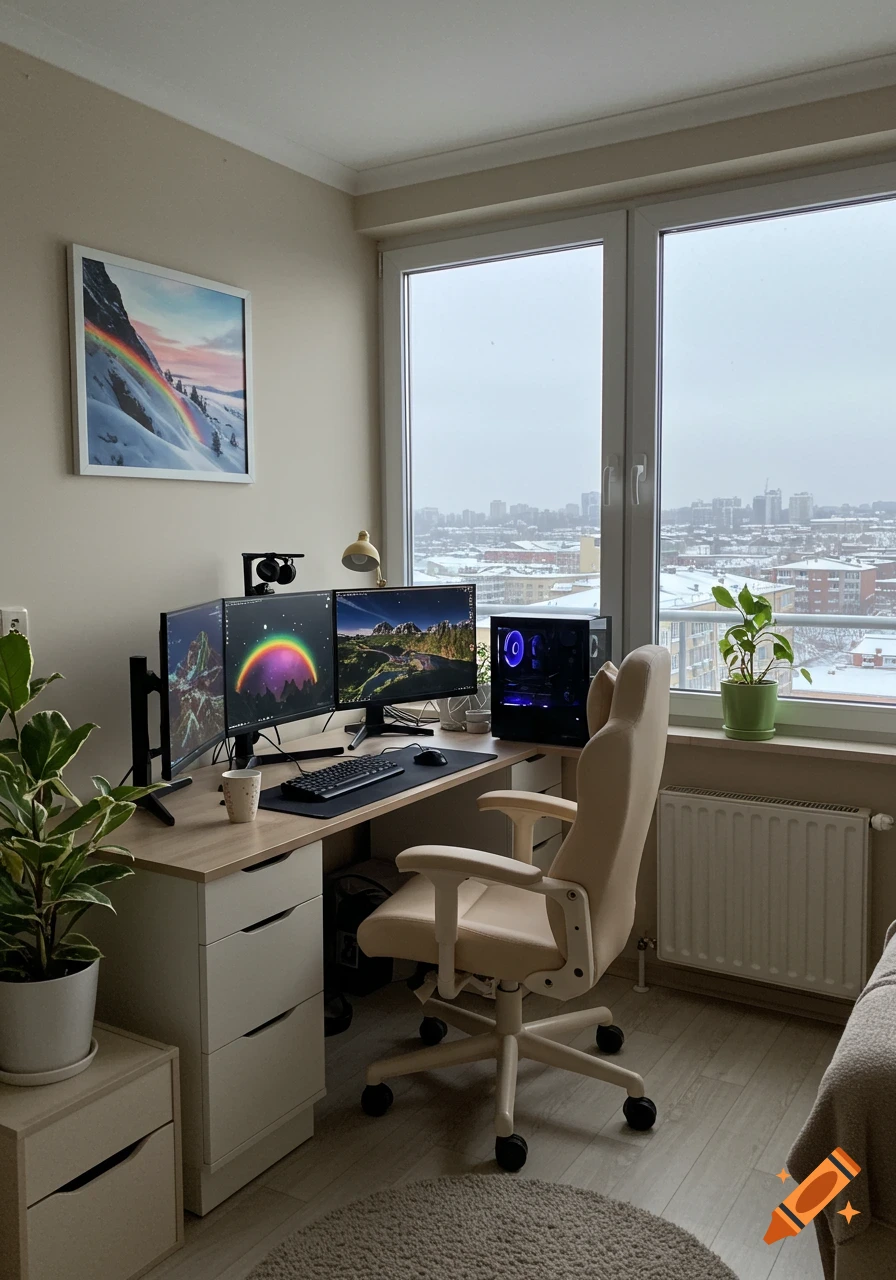 A cozy home office with a three-monitor gaming setup, beige chair, and ...