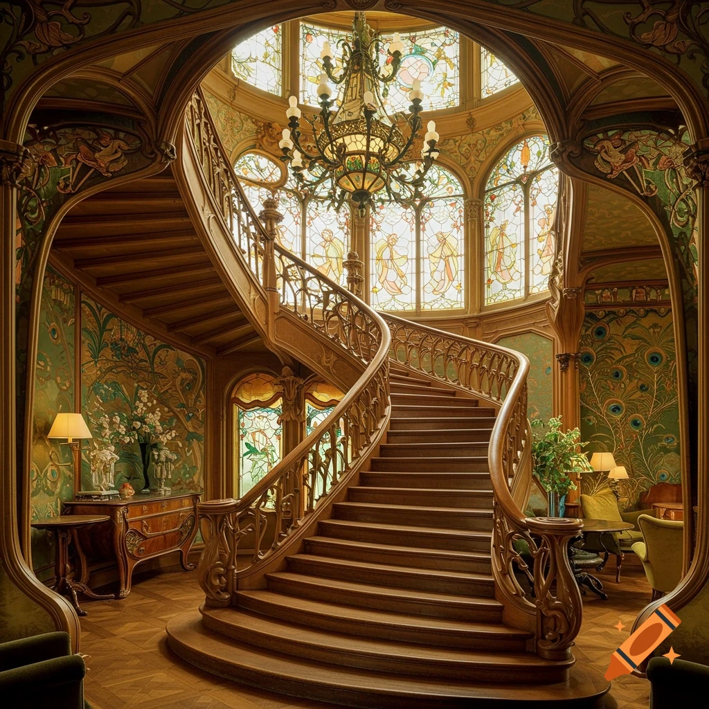 Grand Art Nouveau manor interior with a sweeping wooden spiral staircase, stained glass windows ...