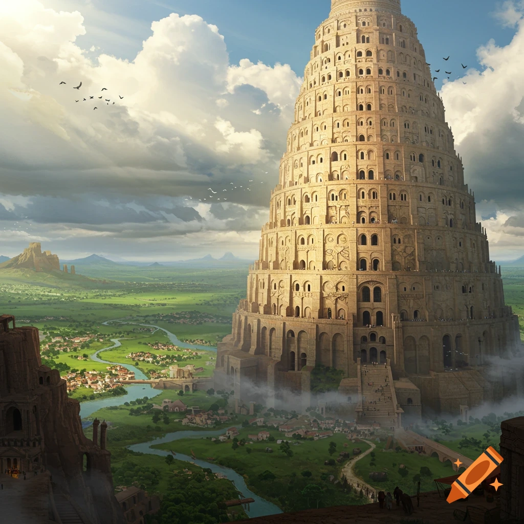 A vast ancient Mesopotamian city with a huge ziggurat under ...